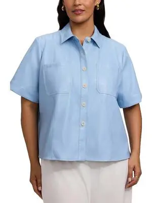 Foxcroft Demi Elbow Sleeve Faux Leather Button-up Shirt - Sky Blue
