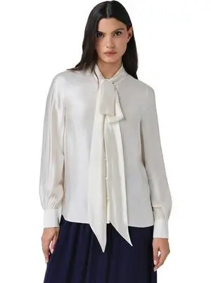 GHOST LONDON Satin Tie Neck Blouse - Ivory