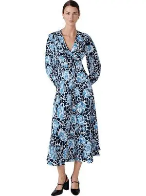 GHOST LONDON Floral Crepe V-neck Midi Dress - Blue Floral
