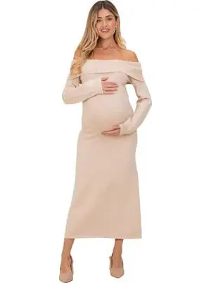 PINKBLUSH Off Shoulder Maternity Sweater Dress With Faux Pearl Detail - Beige