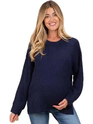 PINKBLUSH Waffle Knit Side Slit Maternity Sweater - Navy Blue