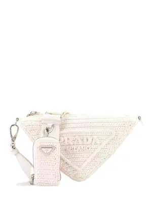 Prada Triangle Logo Zip Crochet Raffia Crossbody Bag - White
