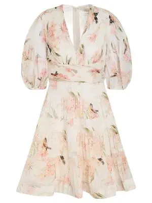 Zimmermann Floral-print Plissé Organza Mini Dress - Ecru