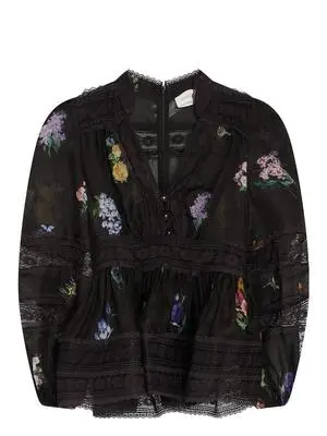 Zimmermann Floral-print Linen And Silk-blend Peplum Blouse - Black