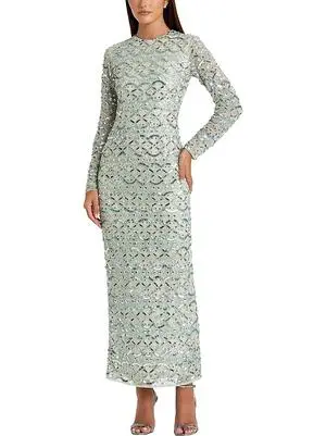 Mac Duggal Geometric Embellished Long Sleeve Gown - Jade