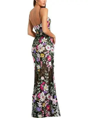 Mac Duggal Floral Embroidered Sleeveless Bustier Gown - Black Multi