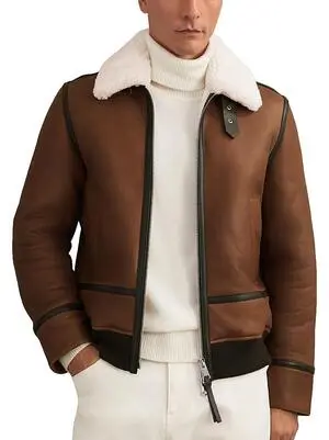 REISS Shearling Leather Jacket - Cognac Brown