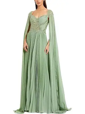 Mac Duggal Cape Sleeve Pleated Charmeuse Beaded Gown - Sage