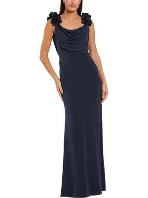 Mac Duggal Jersey Cowl Neck Gown With 3d Flower Straps - Midnight