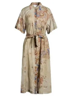 KAOS Cotton Military Midi Shirt Dress With Floral Print And Belt - Green