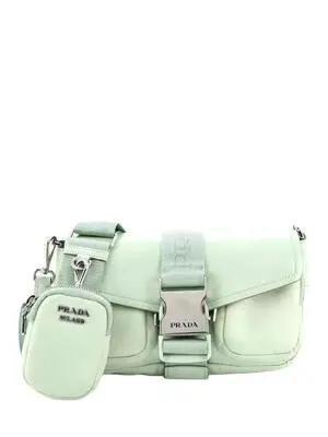 Prada Buckle Pocket Spazzolato Leather And Tessuto Crossbody Bag - Green
