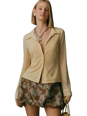Sanctuary Fitted Mesh Button-Down Shirt Yellow