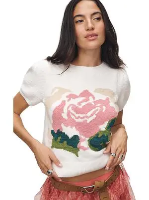 ANTHROPOLOGIE Puff Sleeve Rose Icon Sweater