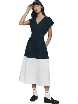 EXQUISE Pleated Short-sleeve Twofer Midi Dress - Black & White Pattern