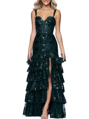 BLONDIE NITES Sequin Embroidered Tiered Tulle Gown - Black