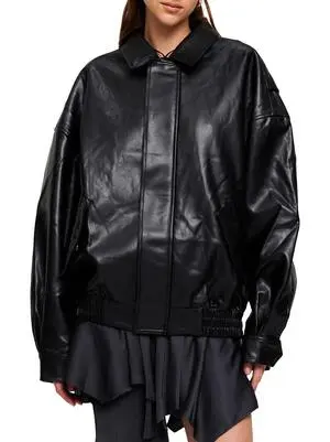 Lioness Oversized Faux Leather Bomber Jacket - Jet Black