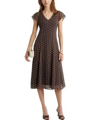 OPEN EDIT Short Sleeve Pleated Dress - Brown- Ivory Corner Dot