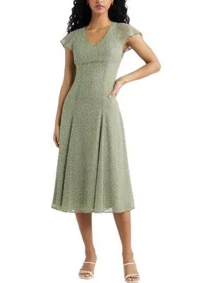 OPEN EDIT Short Sleeve Pleated Dress - Olive- White Dense Dot