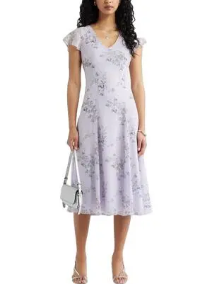 OPEN EDIT Short Sleeve Pleated Dress - Purple Mirage Floral