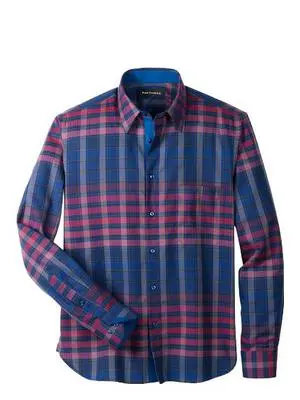 PAUL FREDRICK Cotton Plaid Point Collar Casual Shirt - Blue/burgundy