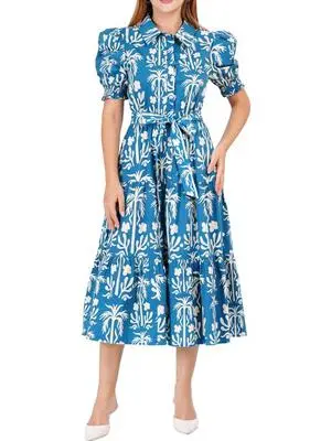 Leota Octavia Puff Sleeve Shirt Midi Dress - Palm Fields Mykonos Blue