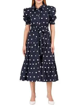 Leota Octavia Puff Sleeve Shirt Midi Dress - Small Polka Black White