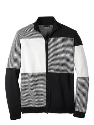 PAUL FREDRICK Cotton Full Zip Mock Neck Sweater - Black/white Glen Plaid