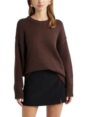 OPEN EDIT Oversized Crewneck Cotton Sweater - Brown Seal