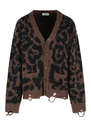 LANEUS Leopard Jacquard Merino Wool Cardigan - Brown