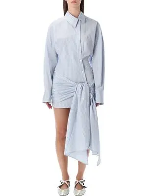 Attico Striped Poplin Mini Dress With Draped Knot - Light Blue White Stripes