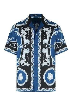 Versace Regular Shirt In Black And Printed Silk Twill - Blue