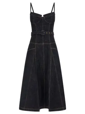 SELF-PORTRAIT Denim Flared Midi Dress - Blue