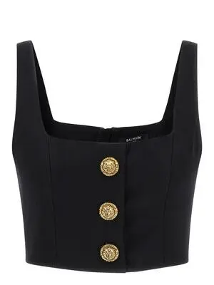 Balmain Cropped Wool Button Top - Black