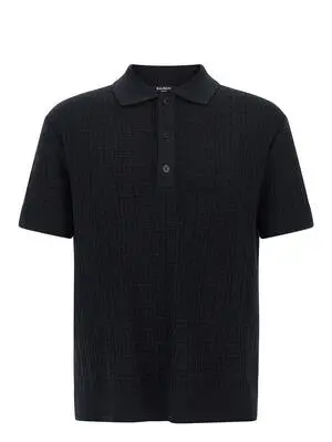 Balmain Monogram' Knit Polo Shirt - Blue