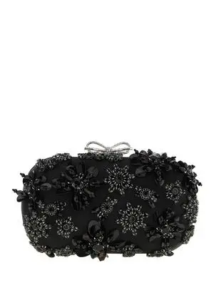SELF-PORTRAIT Satin Floral Crystal Clutch - Black