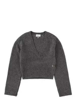 GANNI V-neck Wool-blend Sweater - Charcoal