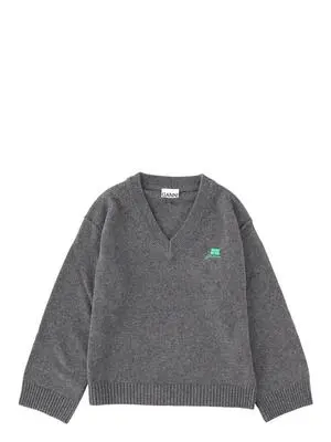 GANNI Logo V-neck Sweater - Grey