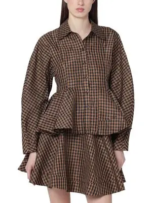 GANNI Gingham Peplum Shirt - Brown