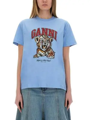 GANNI Printed Relaxed-fit T-shirt - Azure
