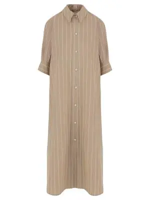 JIL SANDER Long Cotton Shirt Dress With Stripes - Beige