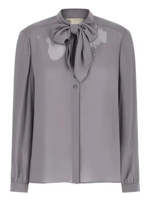Tory Burch Georgette Bow Blouse - Gray