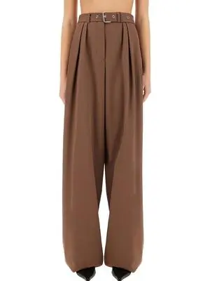 Dries Van Noten Wide Leg Wool Pants With Belt - Brown