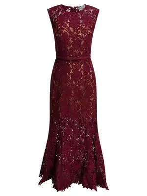 SELF-PORTRAIT Lace Sheath Midi Dress - Red