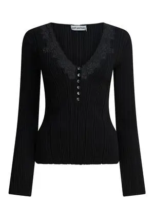 SELF-PORTRAIT Ribbed Knit Top With Lace - Black