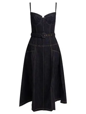 SELF-PORTRAIT Denim Flared Midi Dress - Blue