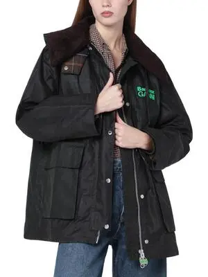 BARBOUR X GANNI Waxed Cotton Duffle Coat With Tartan Details - Green