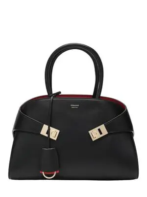 FERRAGAMO Leather Handbag With Gancini Buckles - Black