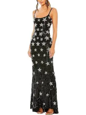 Mac Duggal Star Beaded Detail Cross Back Gown - Black