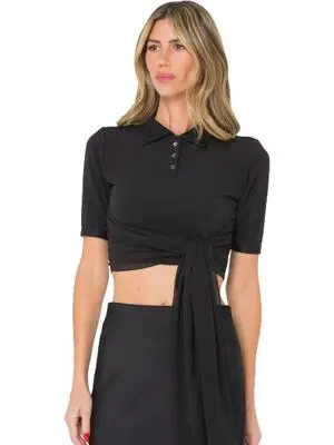 JBQ Cella Knit Polo Top With Chiffon Tie Detail - Black