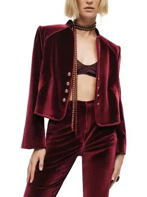 NOCTURNE Velvet Cropped Jacket - Burgundy